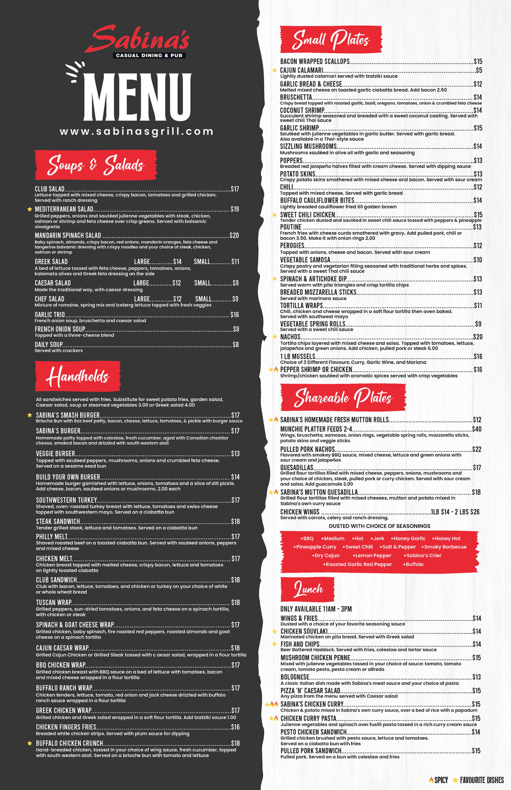Menu - Sabina's Casual Dining & Pub