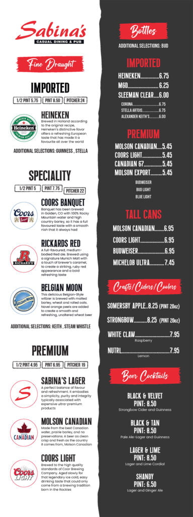 Menu - Sabina's Casual Dining & Pub