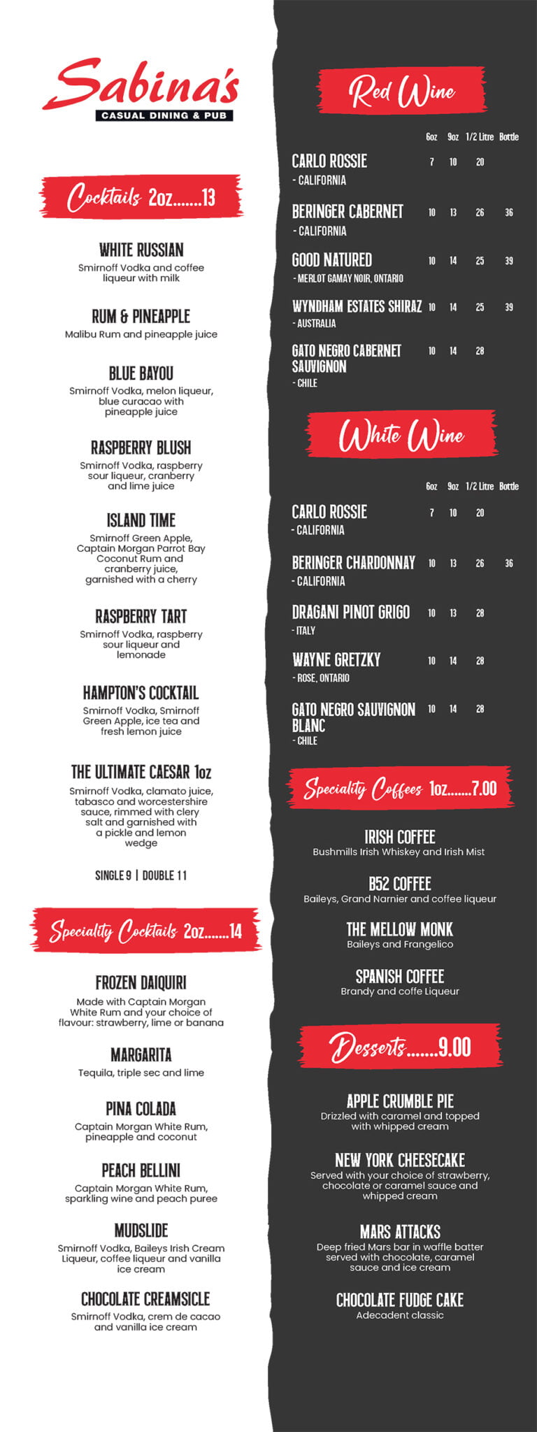 Menu - Sabina's Casual Dining & Pub